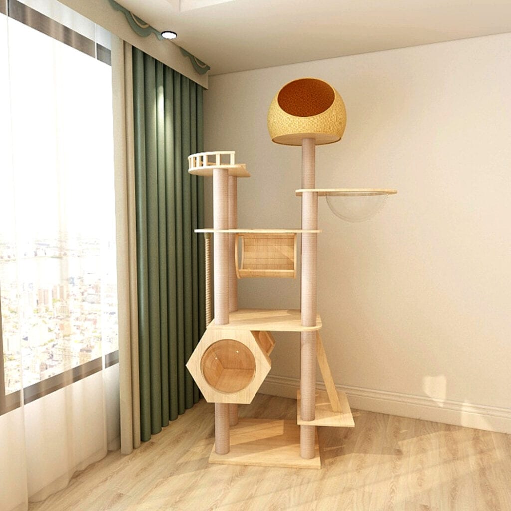 233cm Wooden Cat Tree Pinewood Solid Wood Cat Scratching Post Condo ...